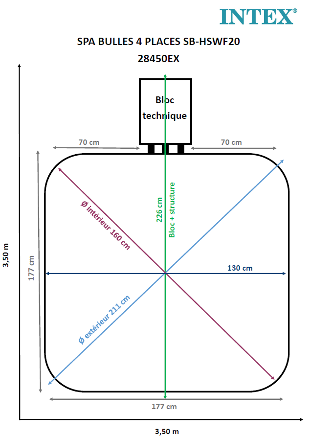 Dimensions Spa Bulles Carré 4 places ARDOISE INTEX – Centre d'aide ...